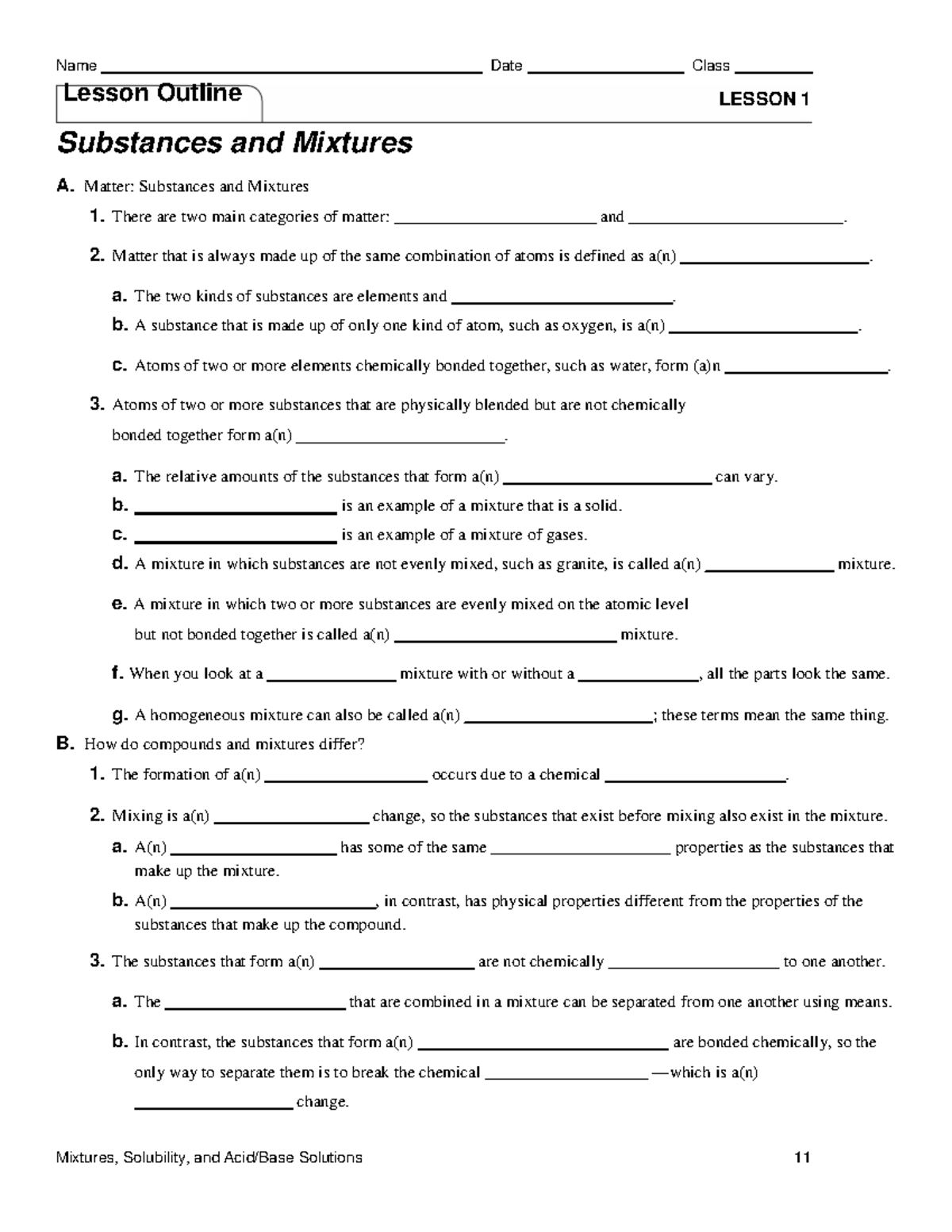 10-1 Worksheet: Understanding Substances and Mixtures in Lesson 1 - Studocu