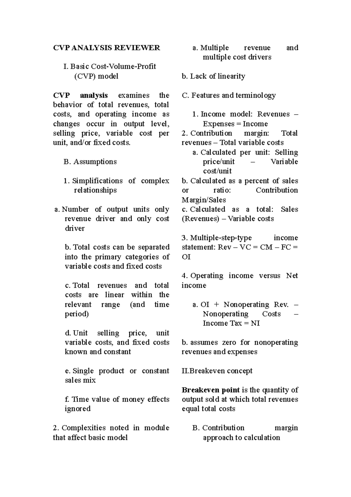 CVP Analysis Reviewer - CVP ANALYSIS REVIEWER I. Basic Cost-Volume ...