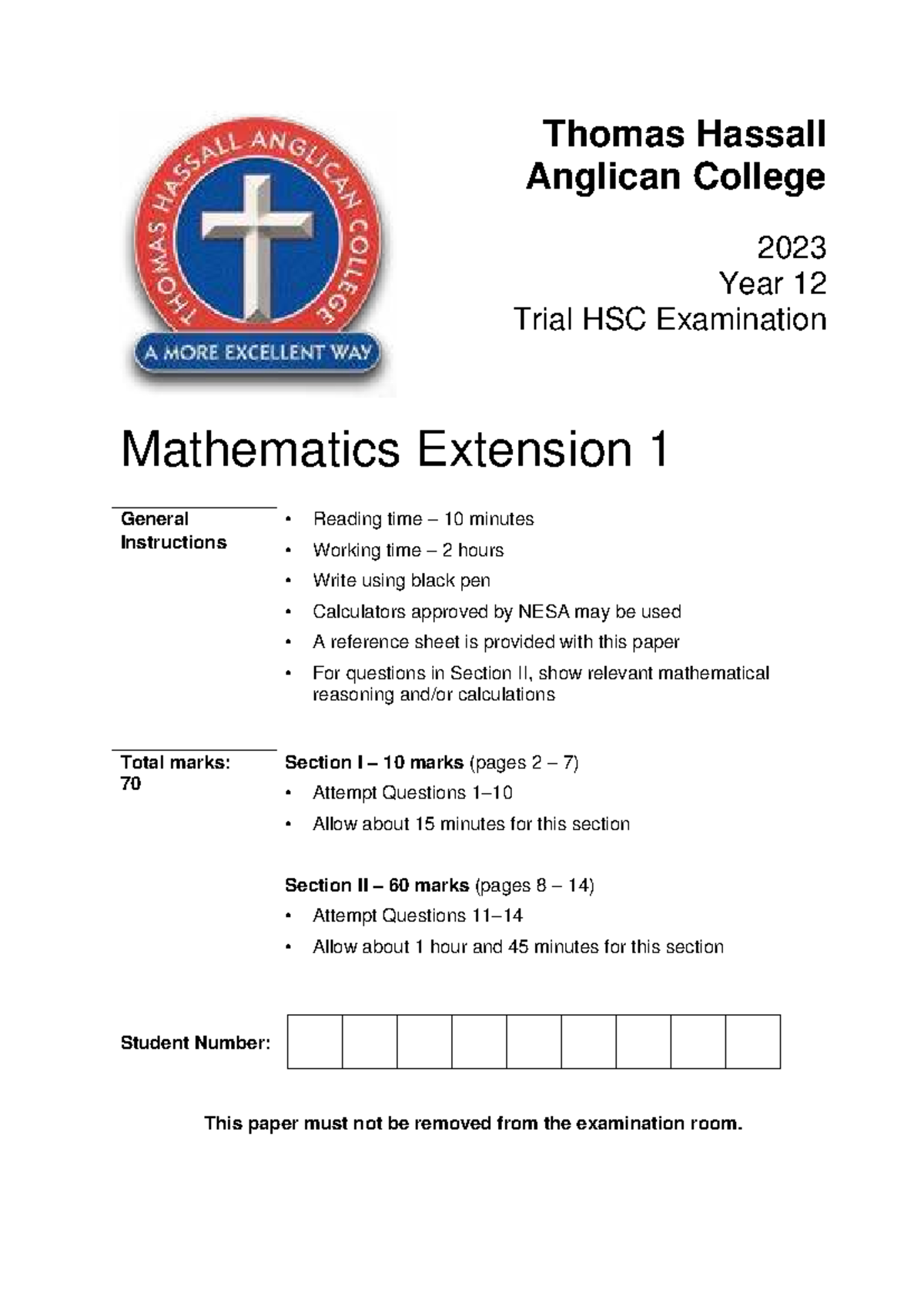 THAC Year 12 Mathematics Extension 1 Trial HSC Exam 2023 - Studocu