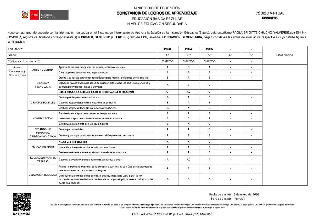 Constancia de Logros de Aprendizaje D3304F35 - EBR Secundaria 2026 ...