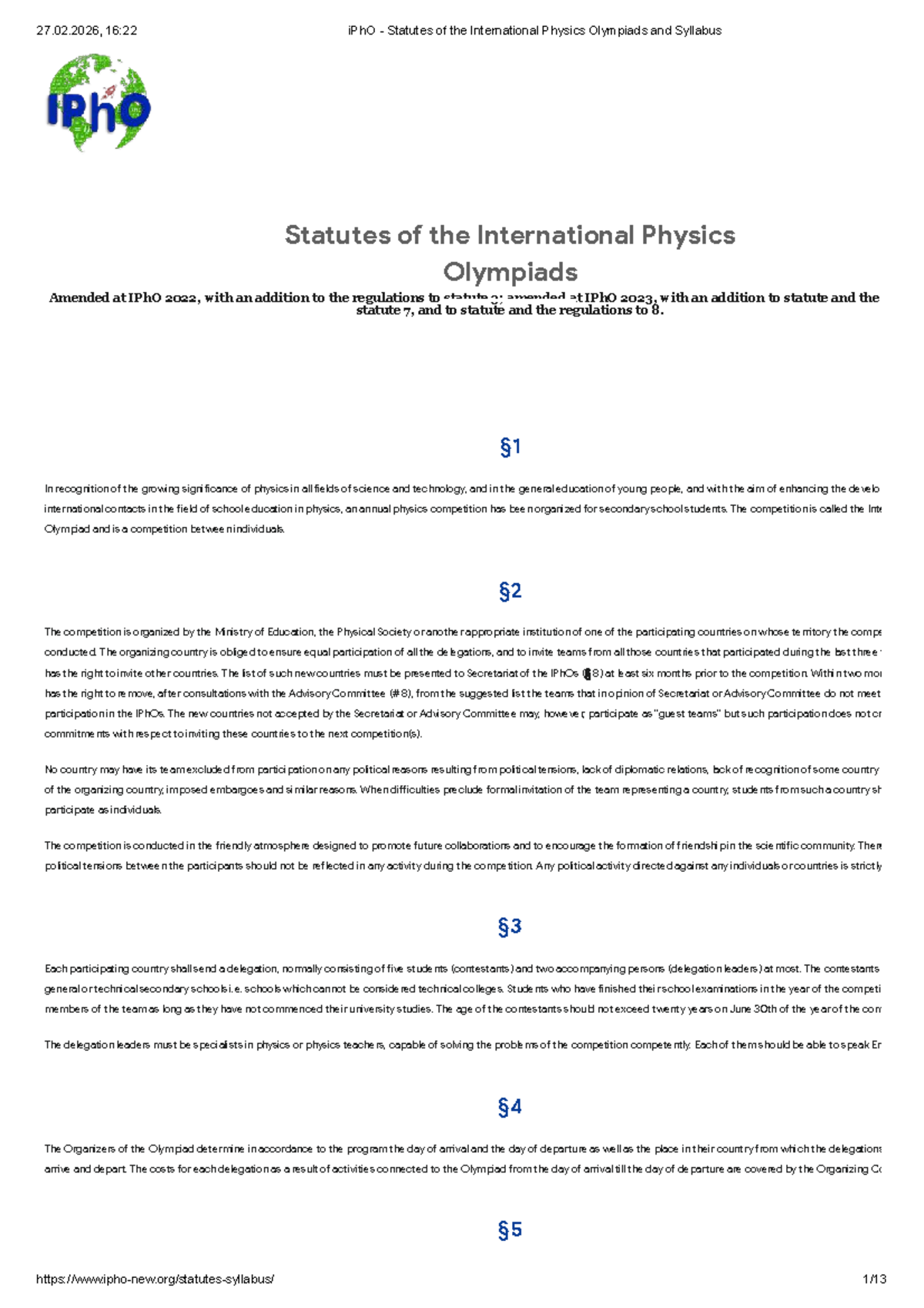 IPhO 2022-2023 Statutes and Syllabus for International Physics Olympiad ...