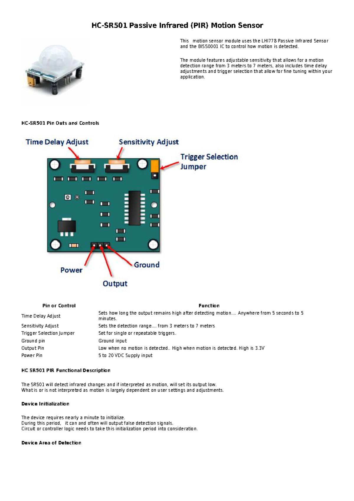 HC-SR501 - datasheet sensor de movimento PIR - HC-SR501 Passive ...