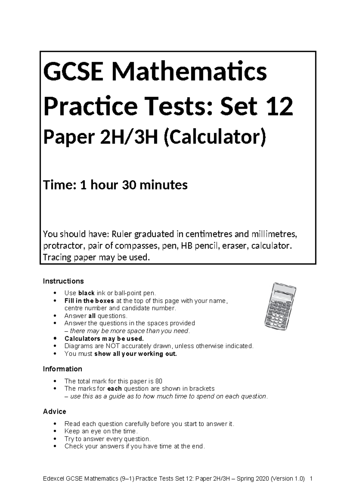 GCSE Maths Practice Tests: Set 12 - Paper 2H/3H QP - Studocu