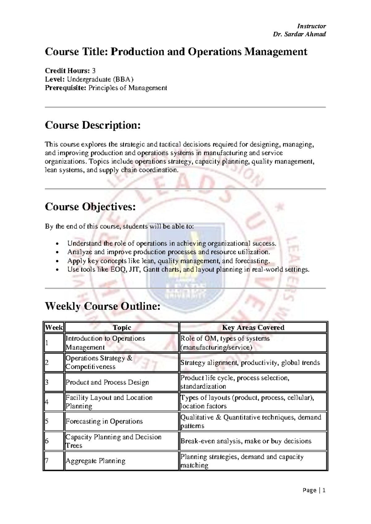 Production and Operations Management (BBA) Course Overview - Studocu