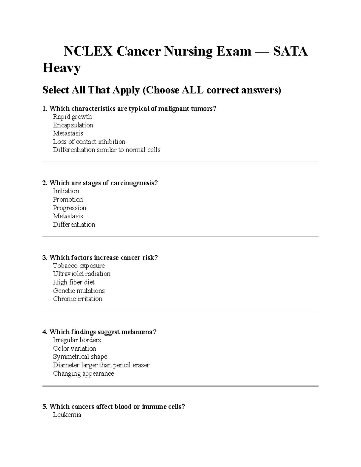 NCLEX Cancer Nursing Exam: SATA Questions and Answers Guide - Studocu