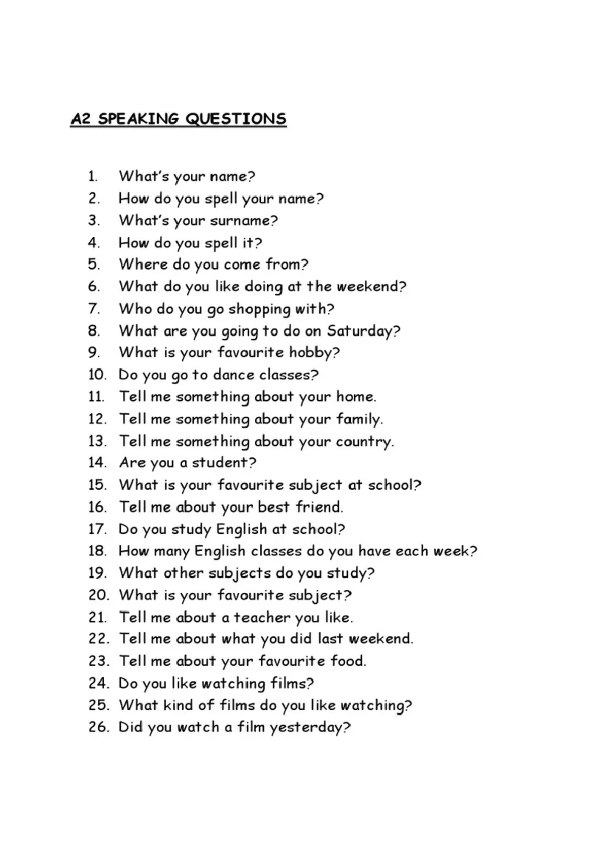 A2 SPEAKING QUESTIONS: Essential Prompts for Practice - Studocu