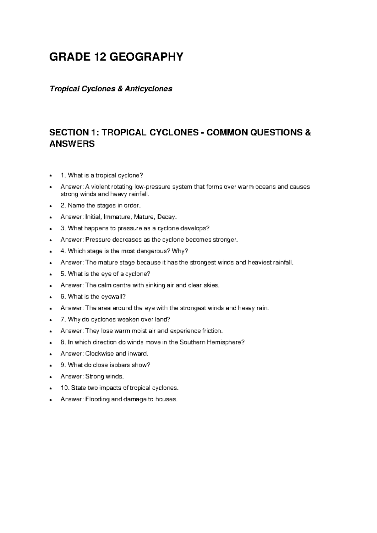 GRADE 12 GEOGRAPHY Tropical Cyclones Q&A Revision Guide - Studocu