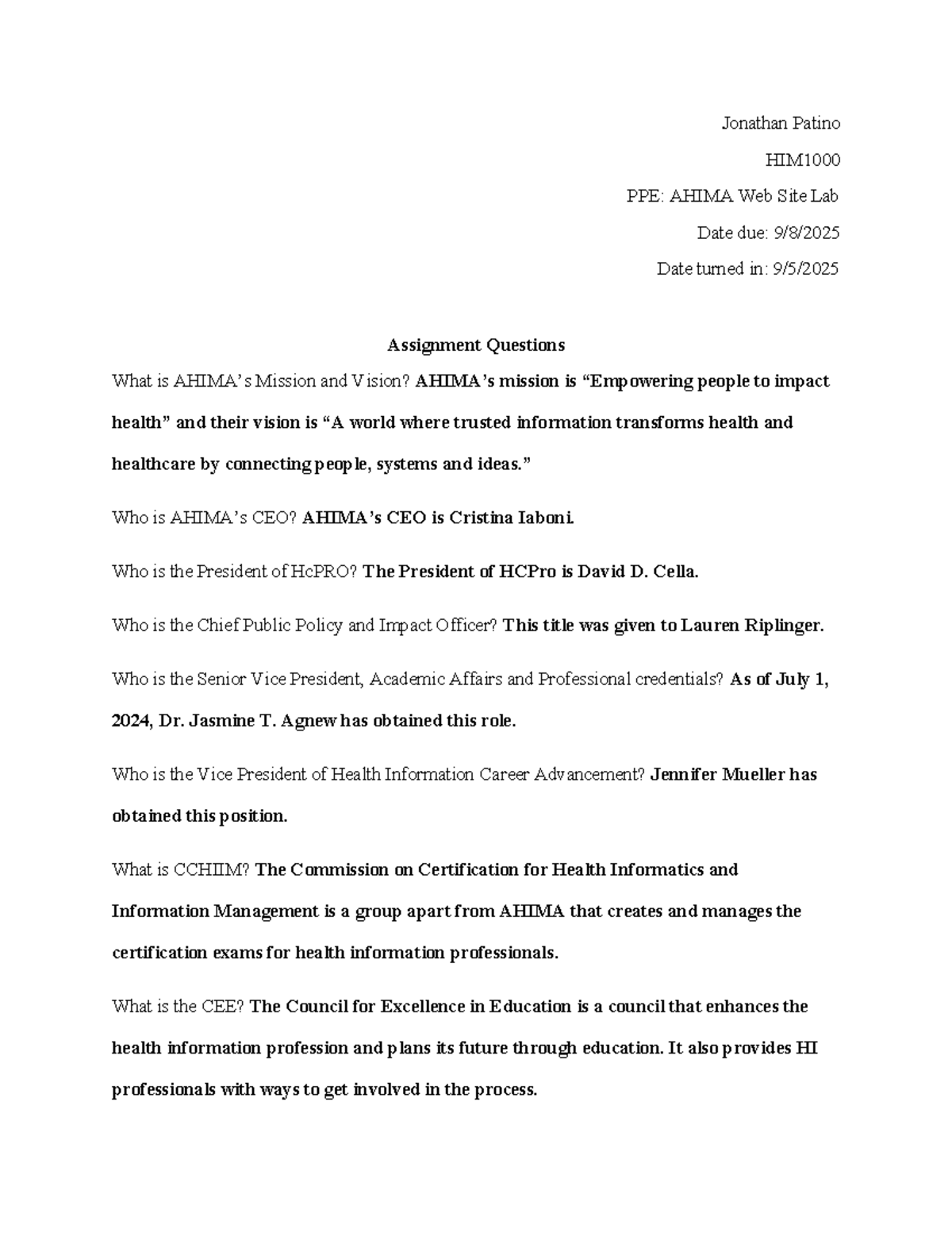 AHIMA Web Site Lab: Key Insights and Leadership Overview - Studocu