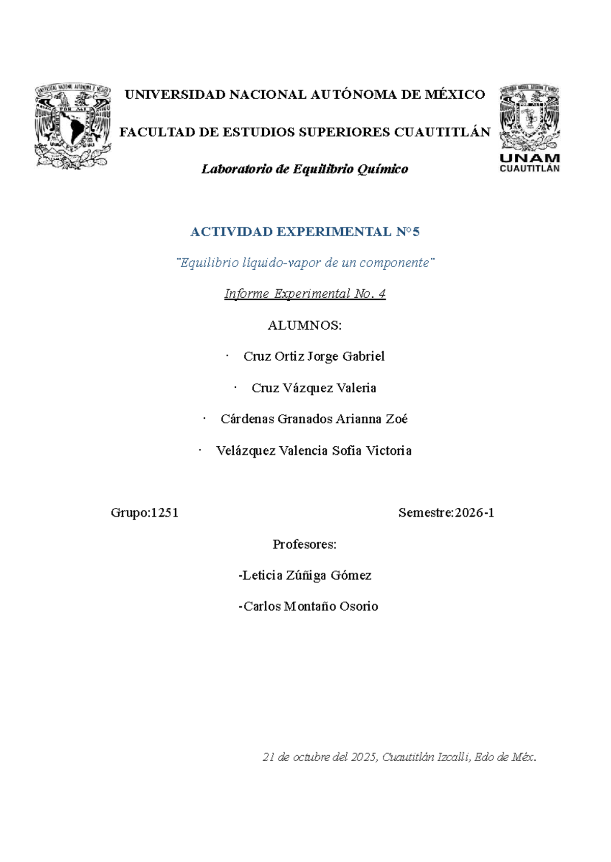 Informe Experimental No. 5: Equilibrio Líquido-Vapor de un Componente ...