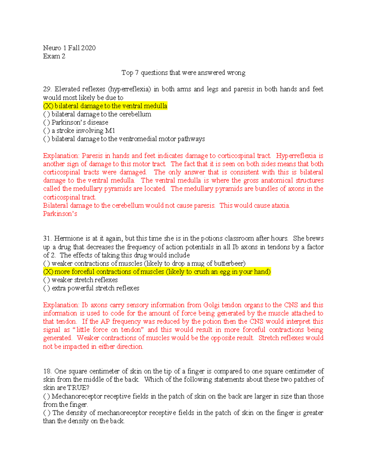 Neuro 1 F2020 Exam 2 Missed Questions Key Explained - Studocu