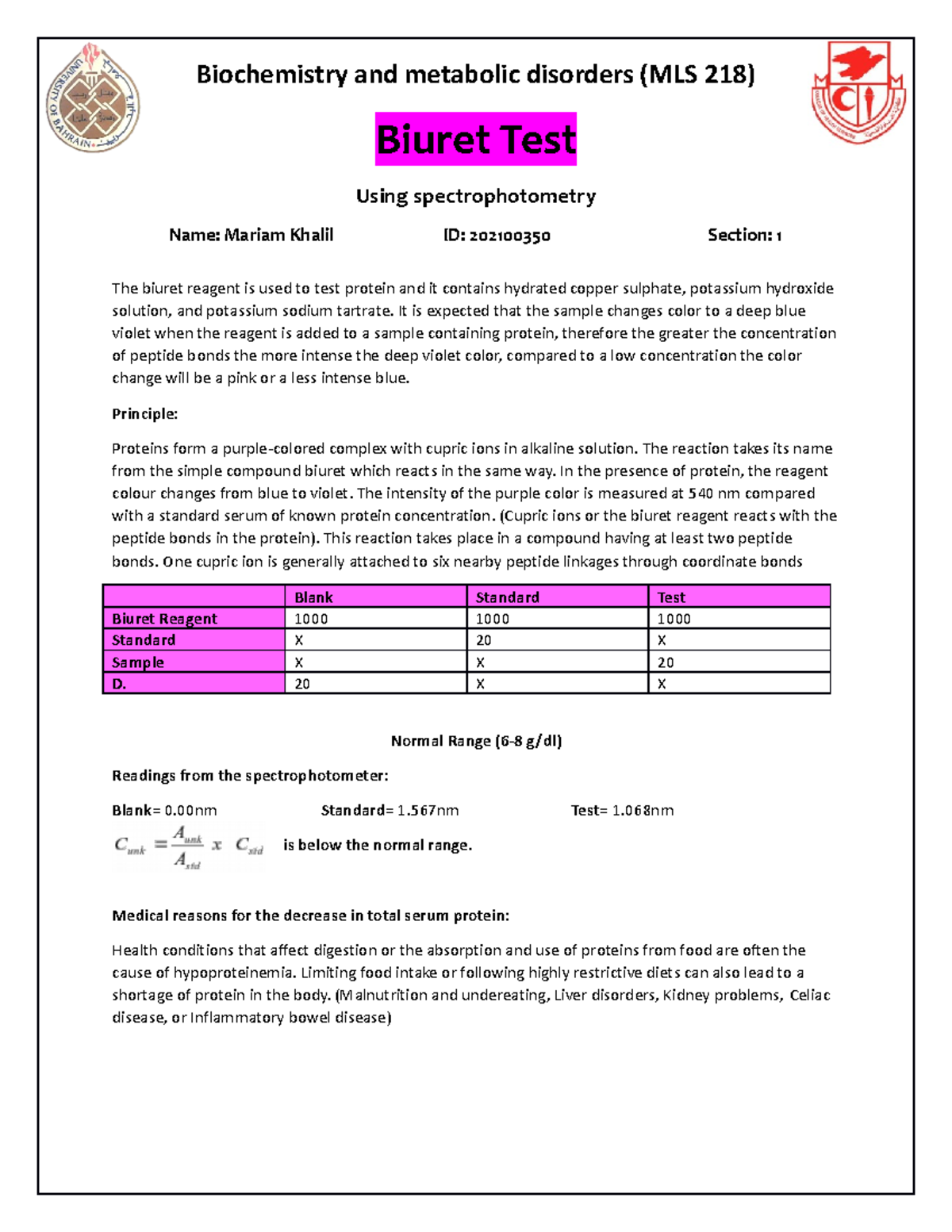 Biochemistry Lab Reports - Protein & Glucose Estimations (MLS 218 ...