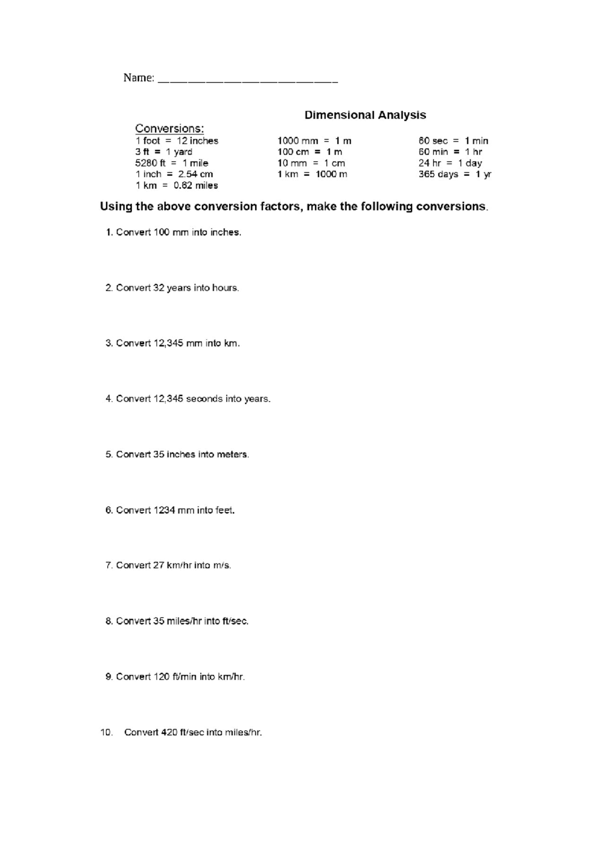 Dimensional Analysis Conversions: Length & Time Calculations - Studocu