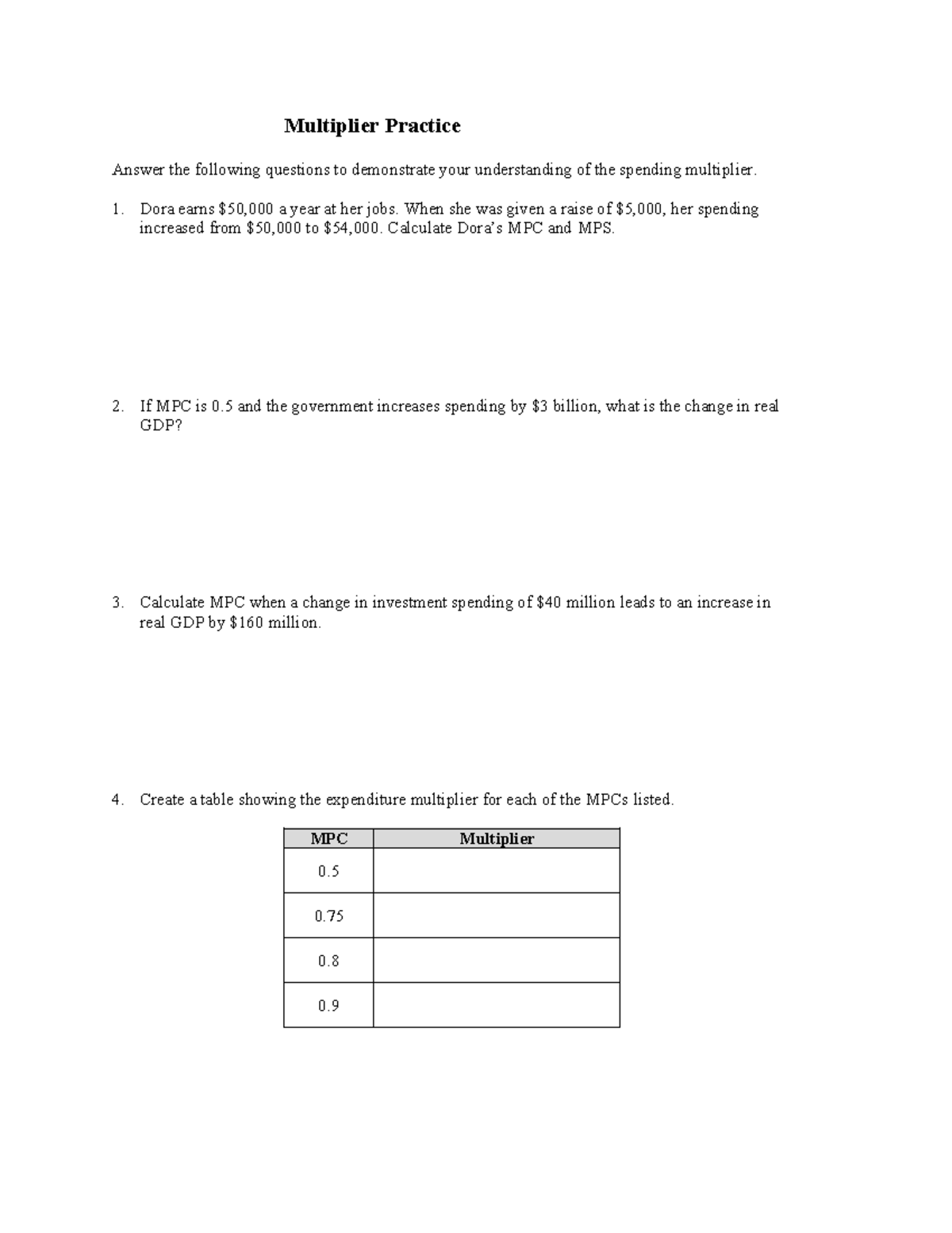 ECON 101: Multiplier Practice Exercises and Answer Key - Studocu
