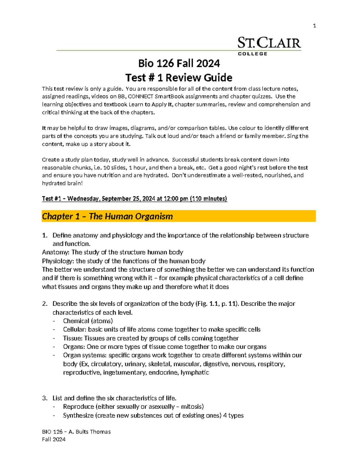 BIO126 Test 1 Review Guide for Fall 2024: Key Concepts & Study Tips ...