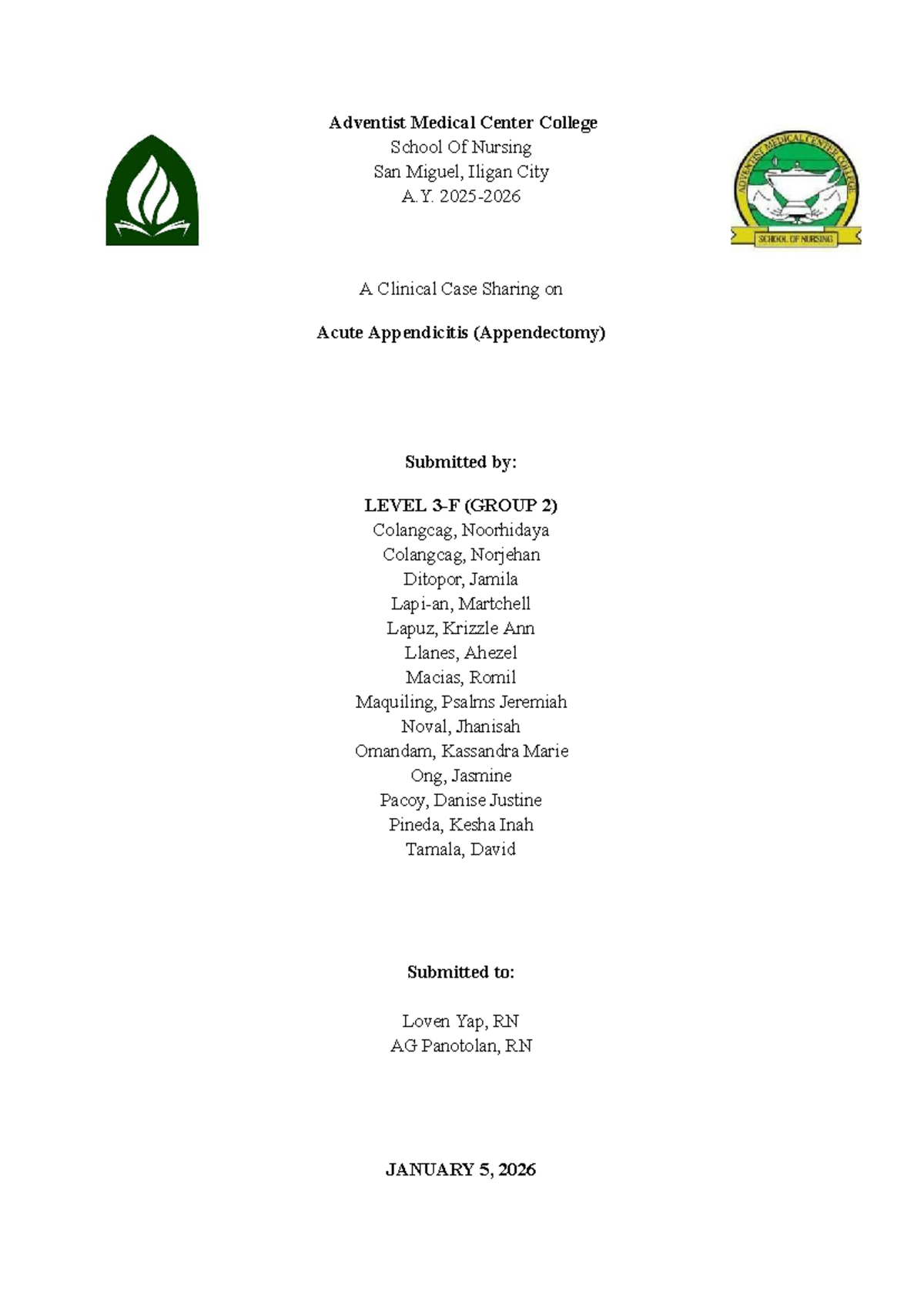 Clinical Case Presentation on Acute Appendicitis (Group 2) - Studocu