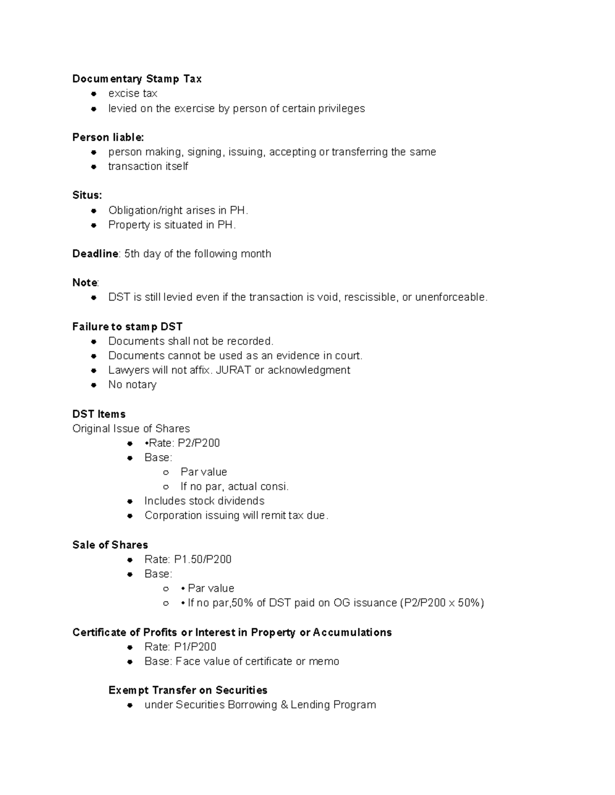 Documentary Stamp Tax (DST) Notes: Key Concepts & Liabilities - Studocu