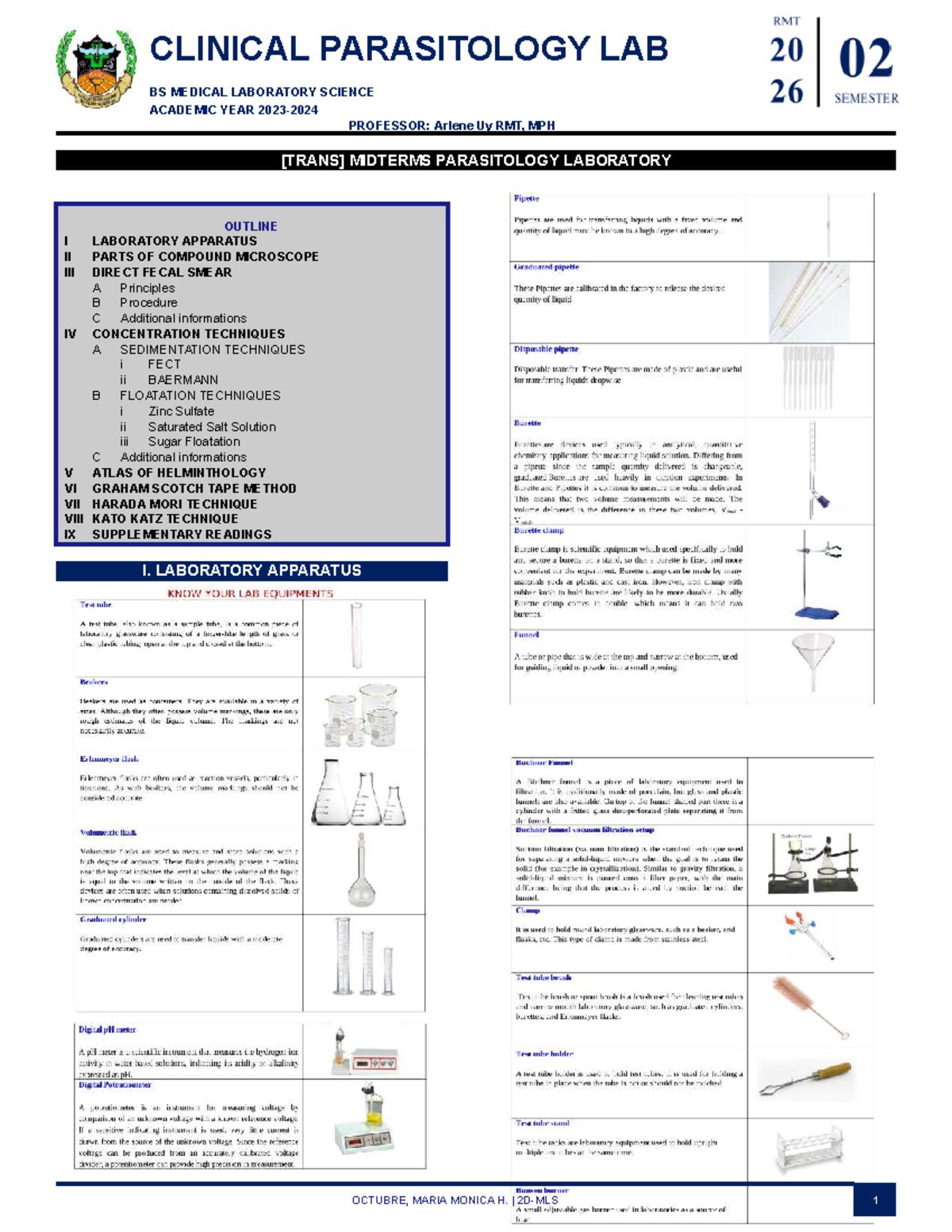 BS MLS 2023 Midterm Clinical Parasitology Lab Notes - Studocu