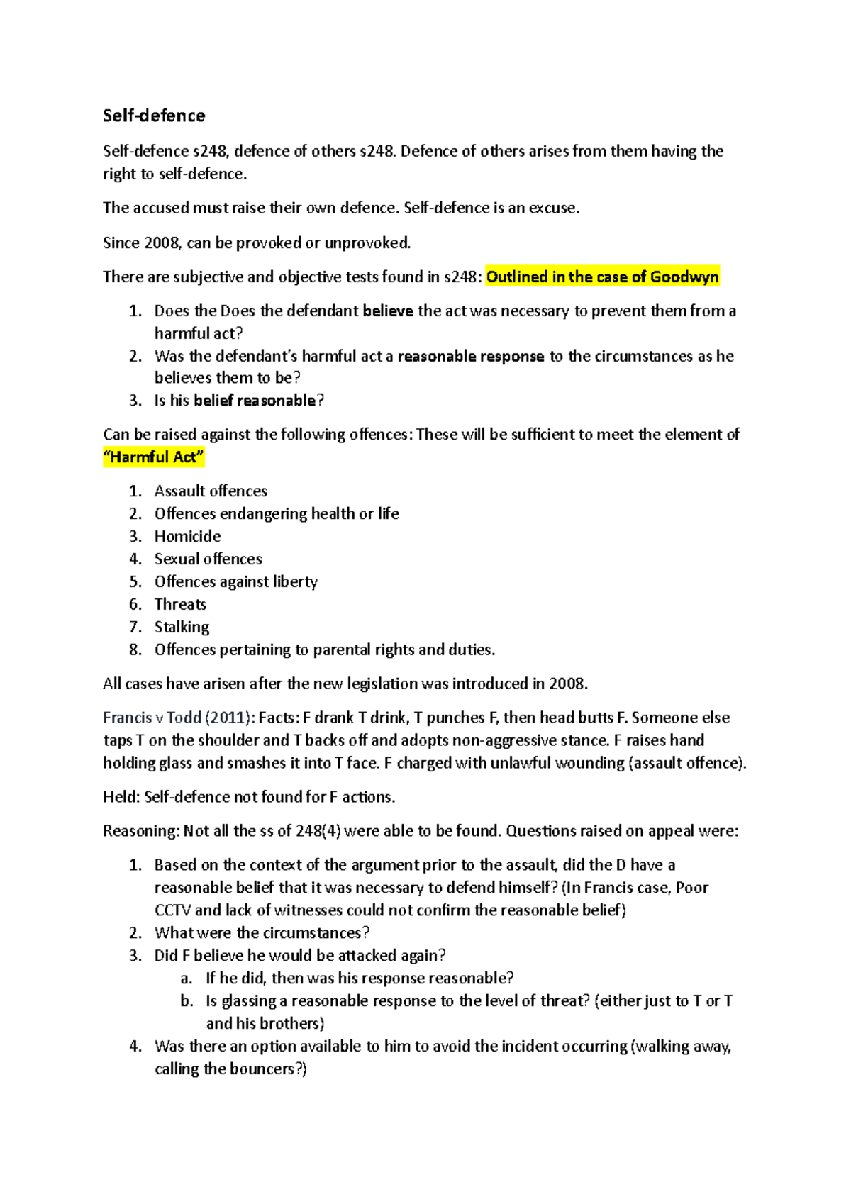 2019 Criminal 2 study notes - Self-defence Self-defence s248, defence ...