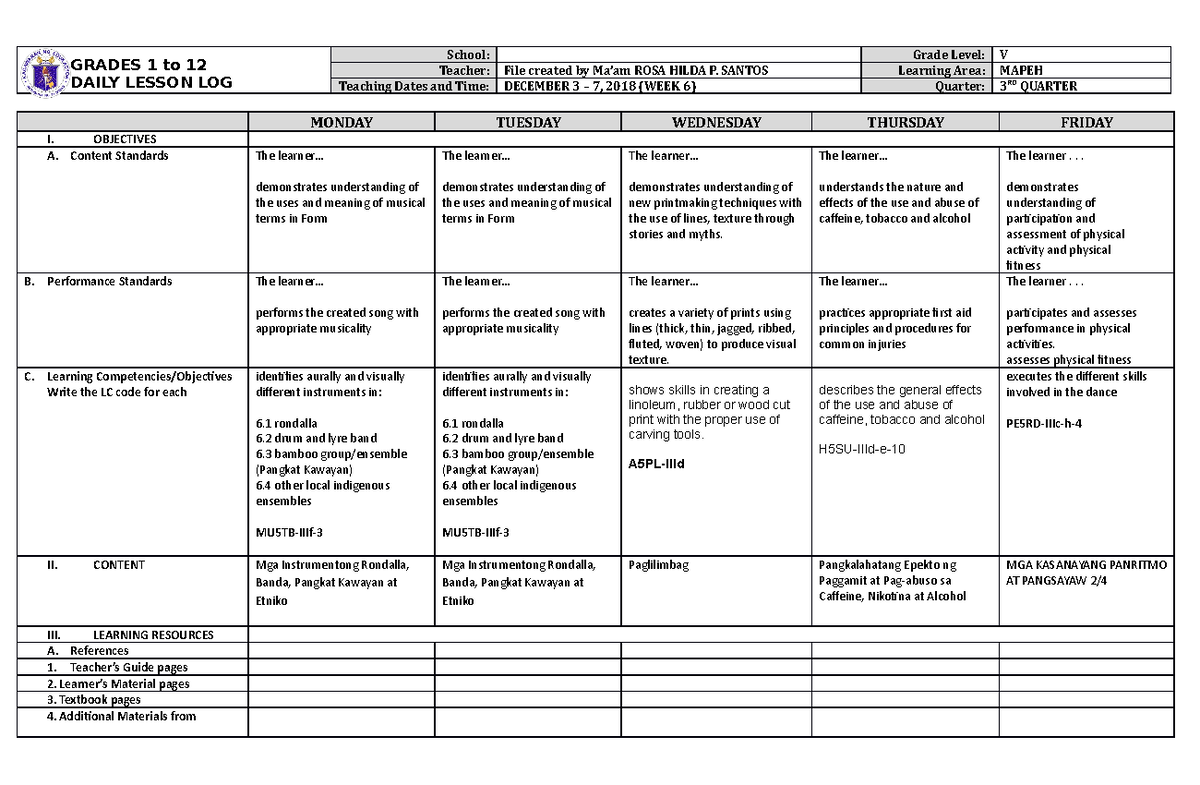 DLL Q3 W6: MAPEH 5 Daily Lesson Log Overview - Studocu