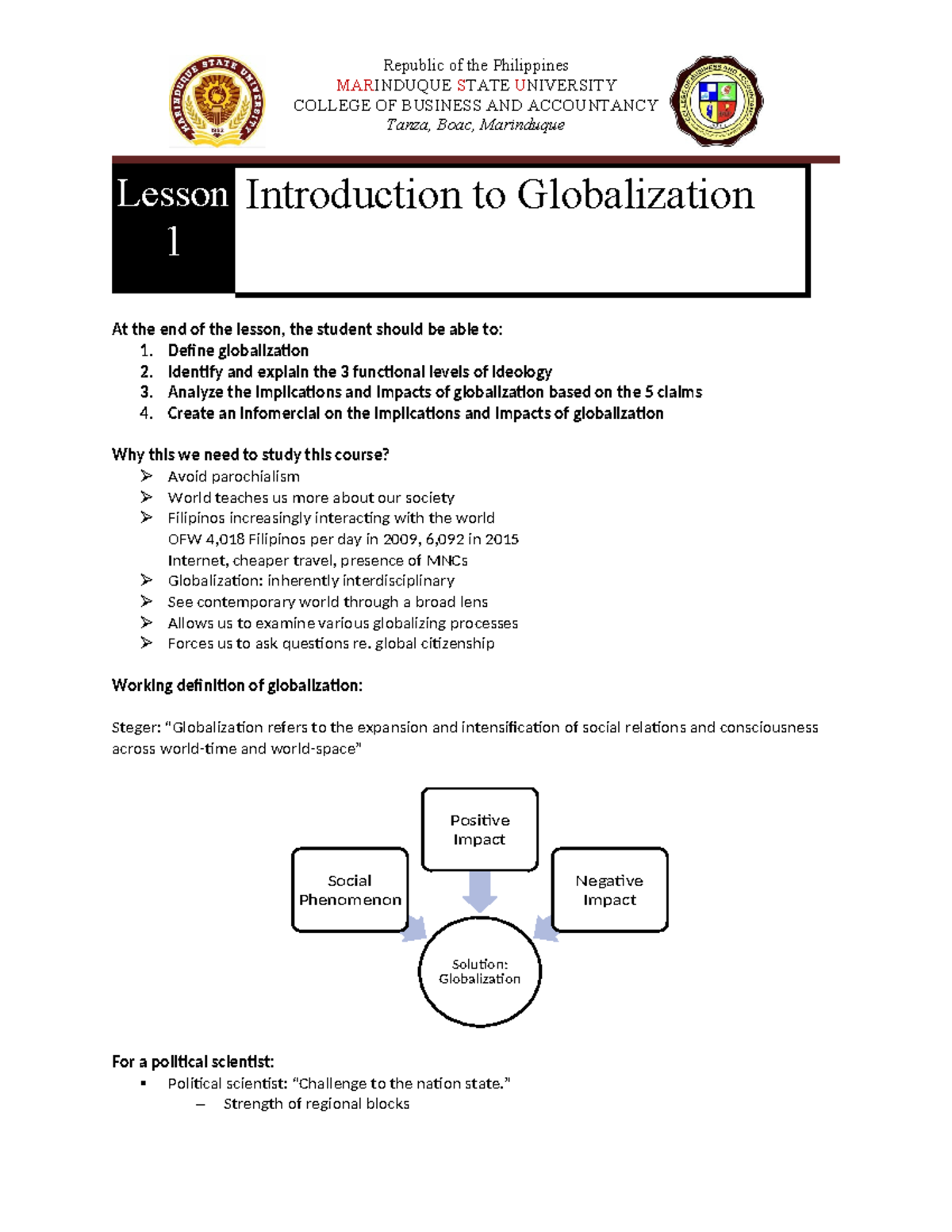 Lesson 1 Intro to Globalization - MARINDUQUE STATE UNIVERSITY COLLEGE ...