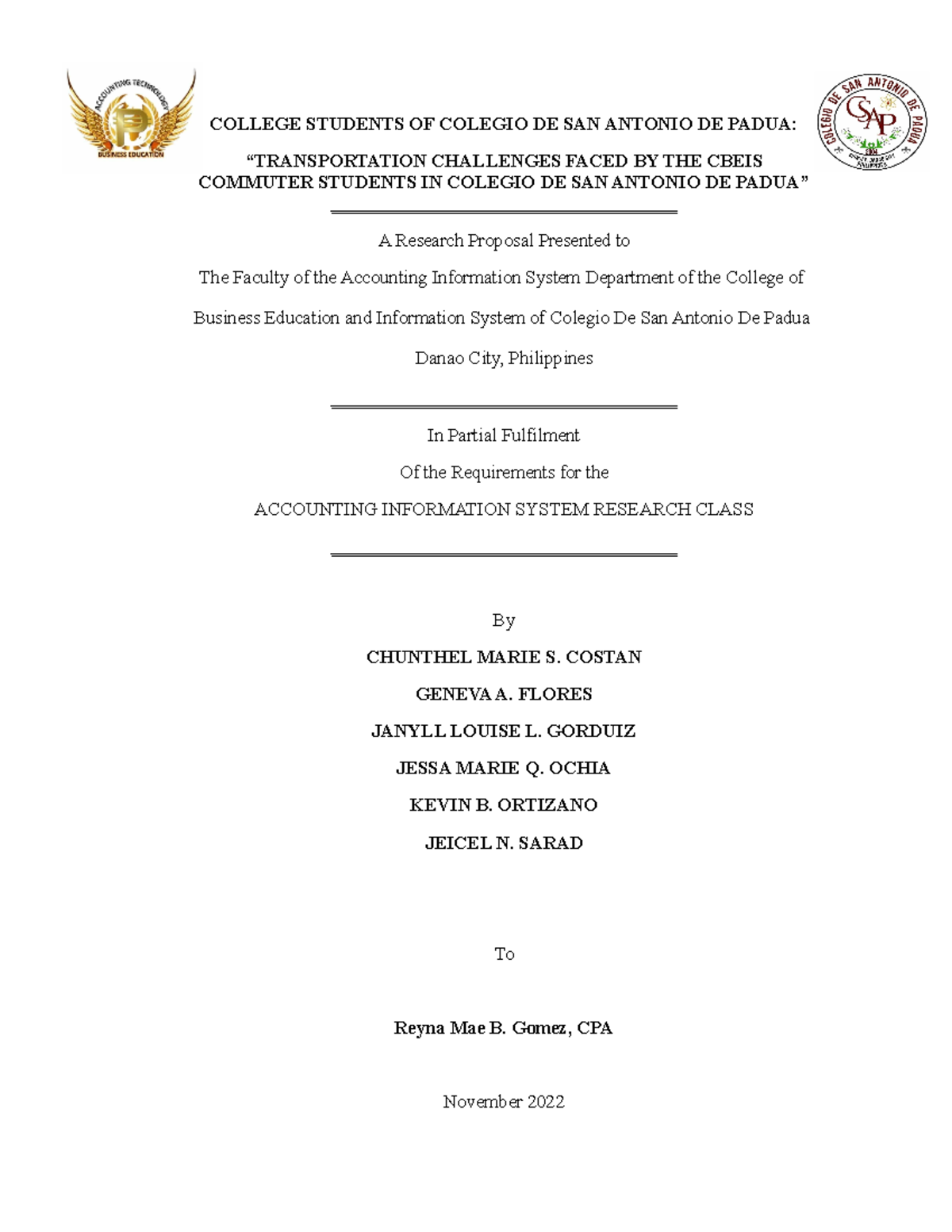 Research Proposal - Transportation Challenges of CBEIS Commuters - Studocu