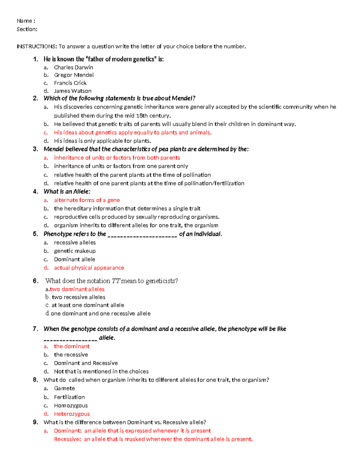 Quarterly Biology Quiz: Genetics and Mendelian Principles - Studocu