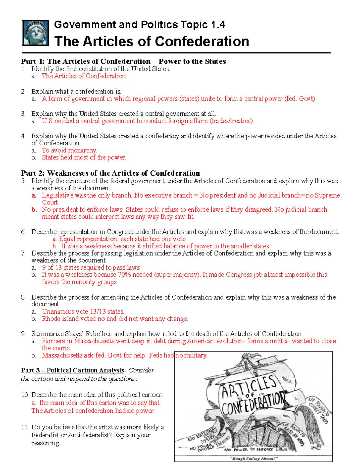 Worksheet 1.4: Analysis of The Articles of Confederation - Studocu