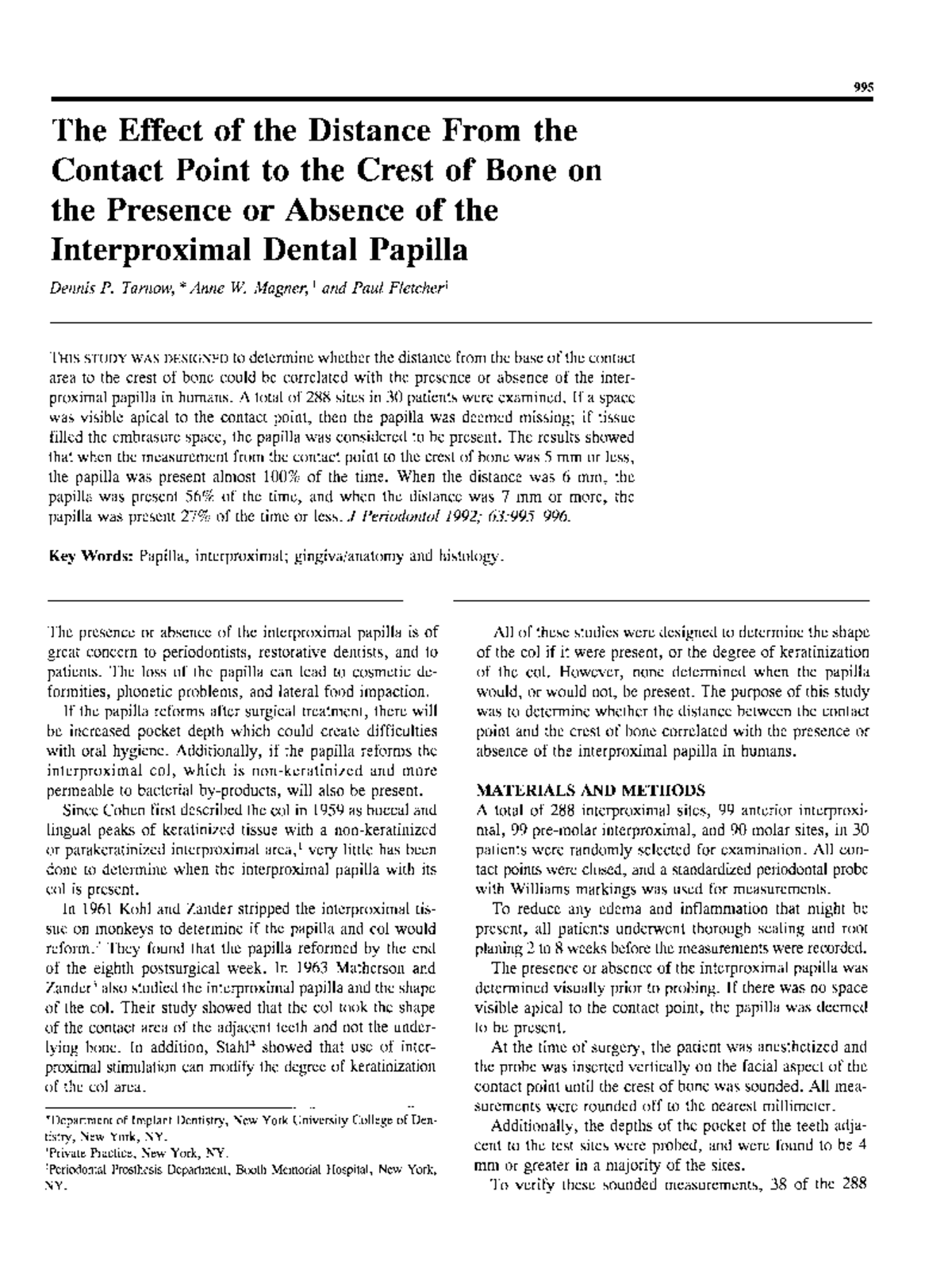 995 Final Exam: Correlation of Distance to Interproximal Papilla ...