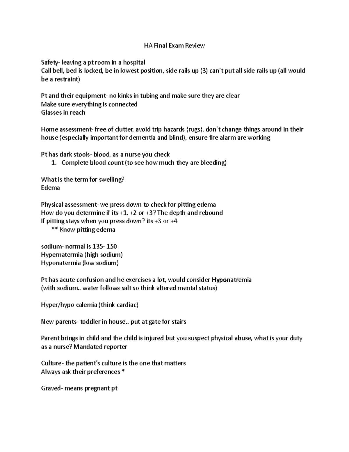 HA Final Exam Review - ewwe - HA Final Exam Review Safety- leaving a pt ...