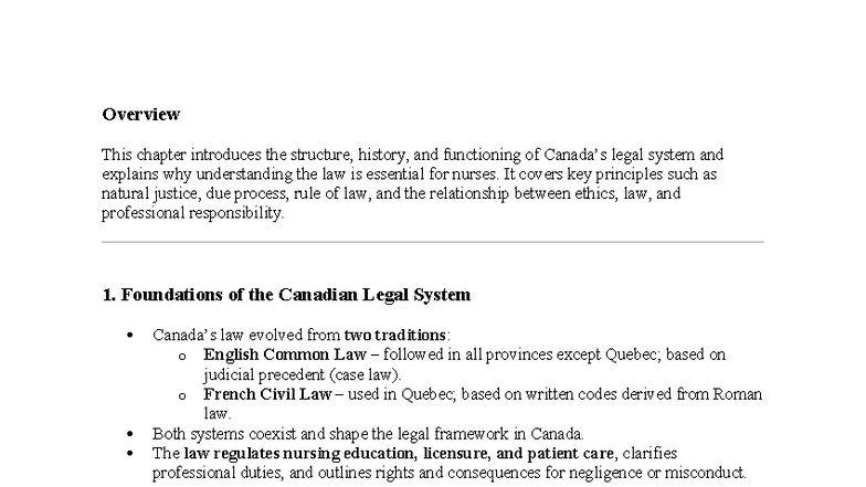 Chapter 2 - Overview of the Canadian Legal System for Nurses - Studocu