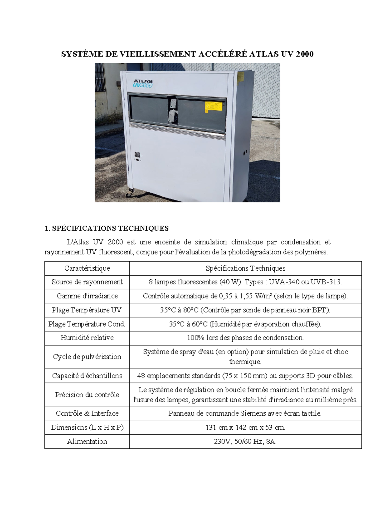SYSTÈME DE VIEILLISSEMENT ACCÉLÉRÉ ATLAS UV 2000 : SPÉCIFICATIONS ...