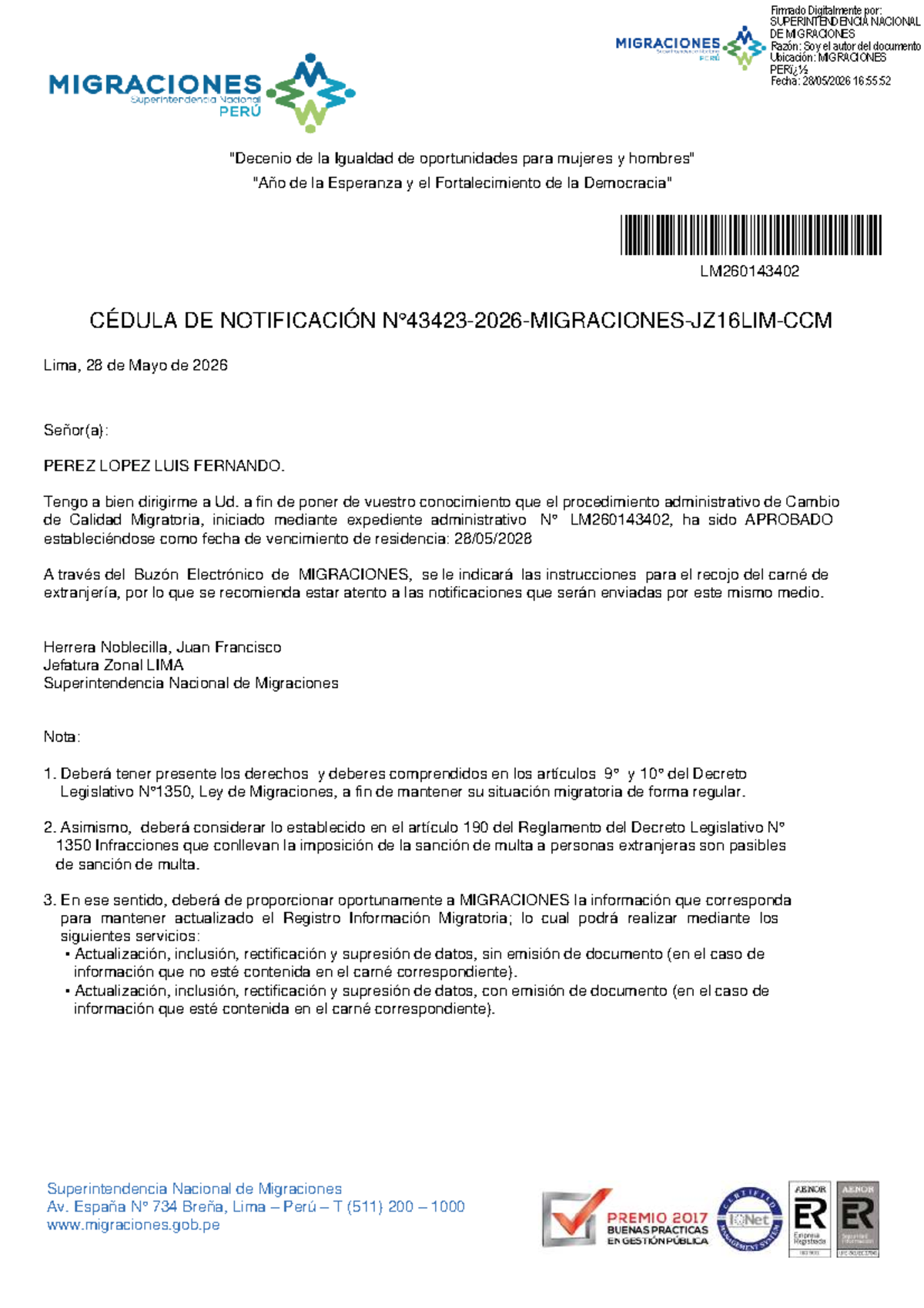 Notificación de Aprobación de Cambio de Calidad Migratoria LM260143402 ...
