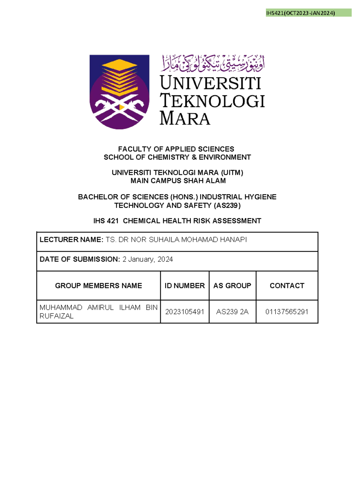 IHS421 Individual Assignment: Chemical Health Risk Assessment Analysis ...