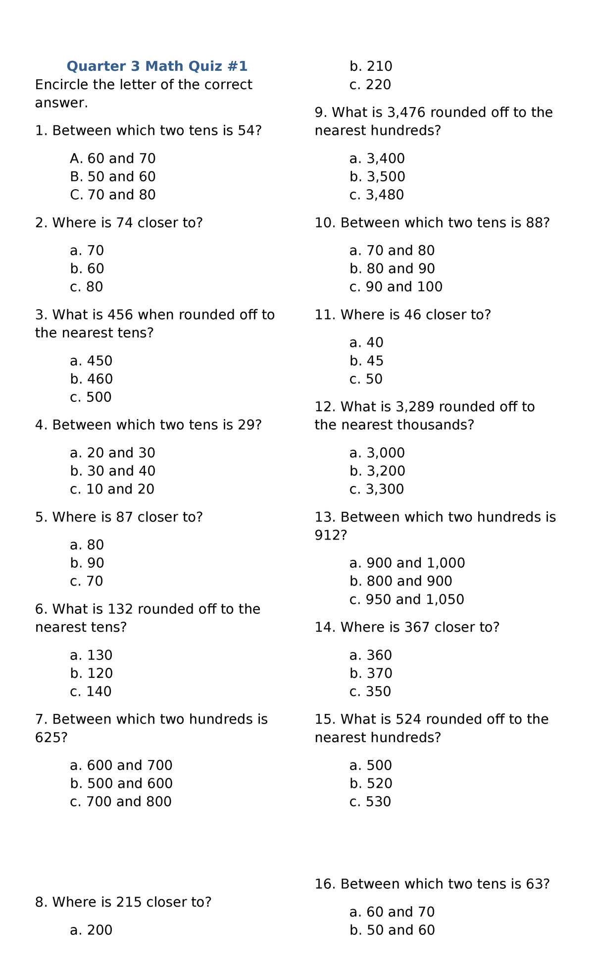 Q3 MATH QUIZ: Rounding & Number Ranges - Studocu