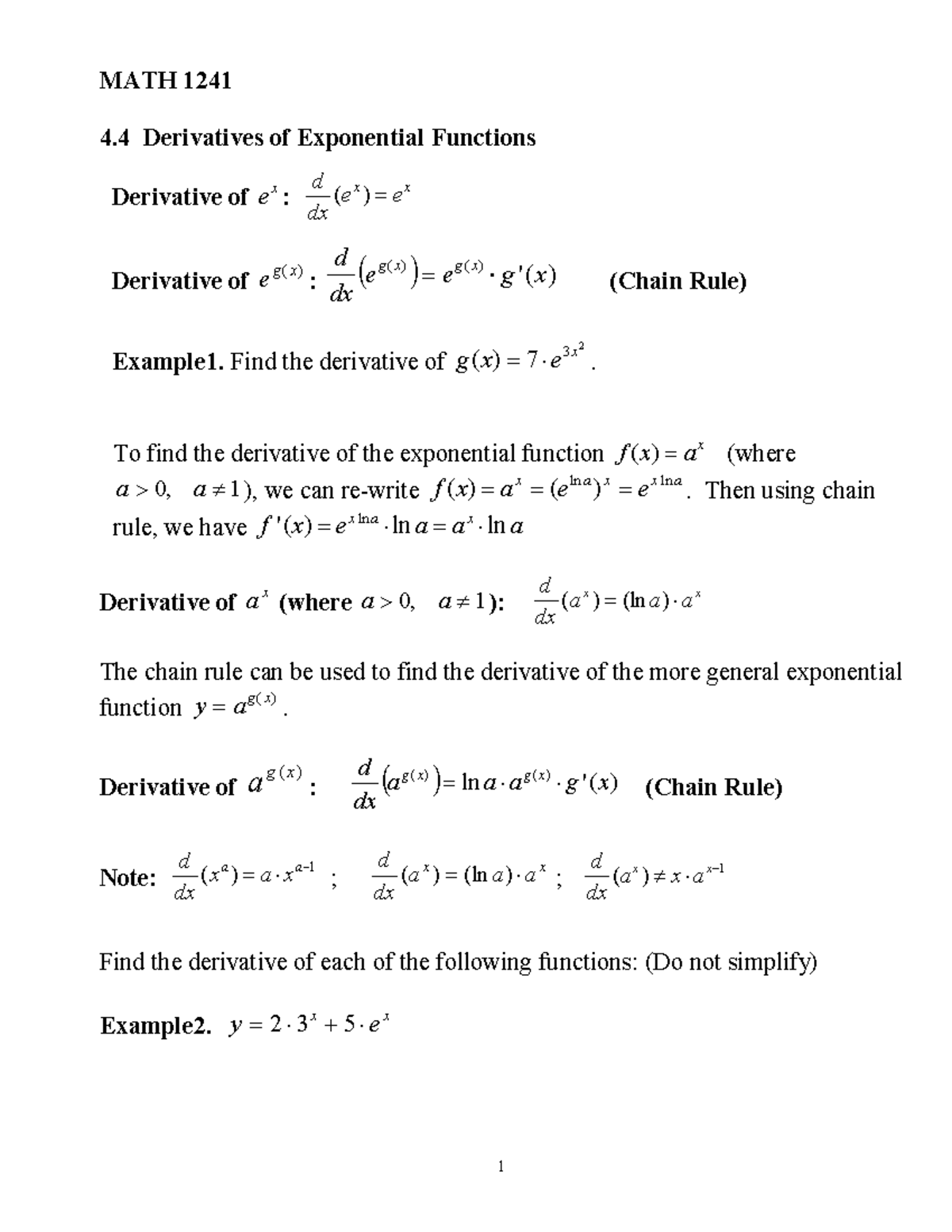 MATH 1241 Final Exam Notes: Derivatives of Exponential Functions - Studocu