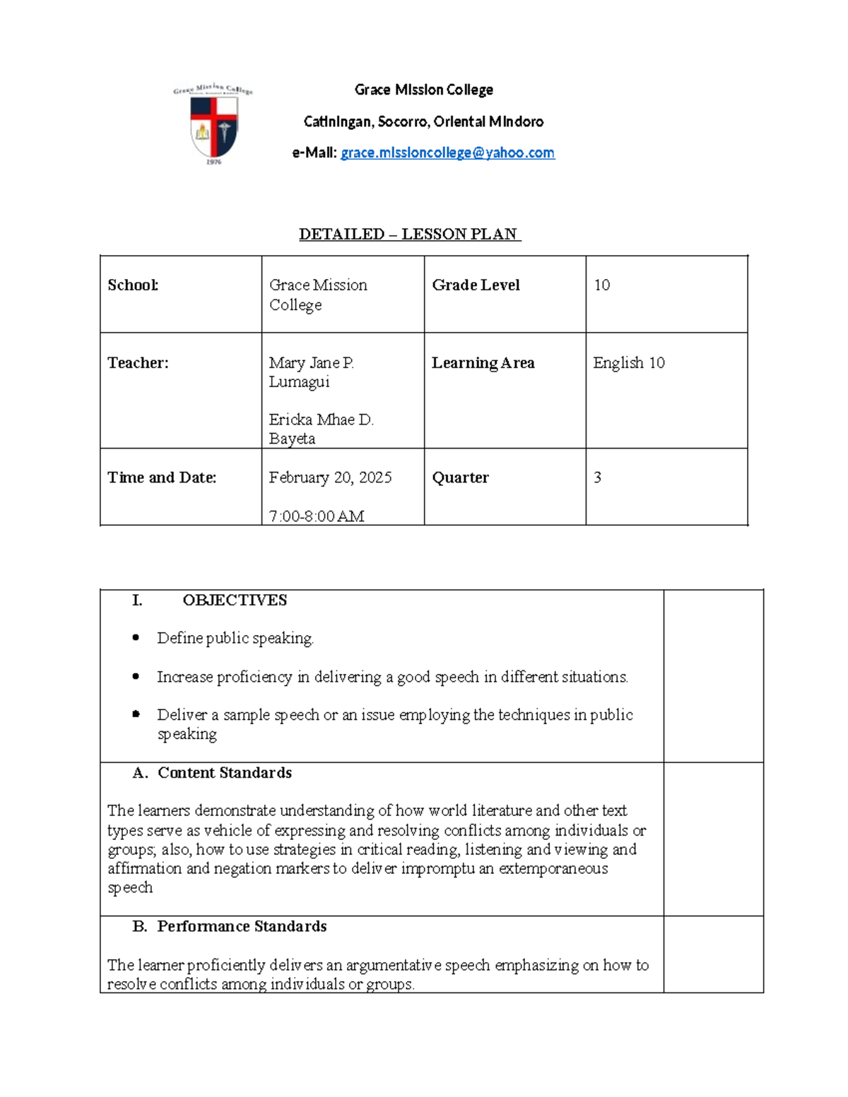 Detailed Lesson Plan on Public Speaking Techniques for English 10 (GMC ...