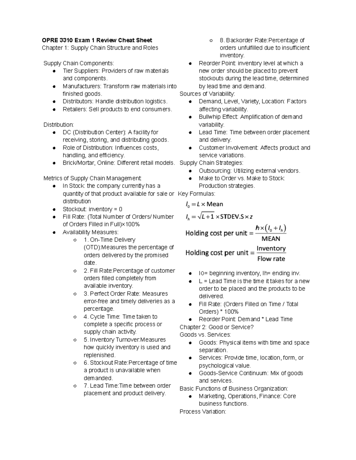 OPRE 3310 Exam 1 Study Guide: Supply Chain Management Insights - Studocu