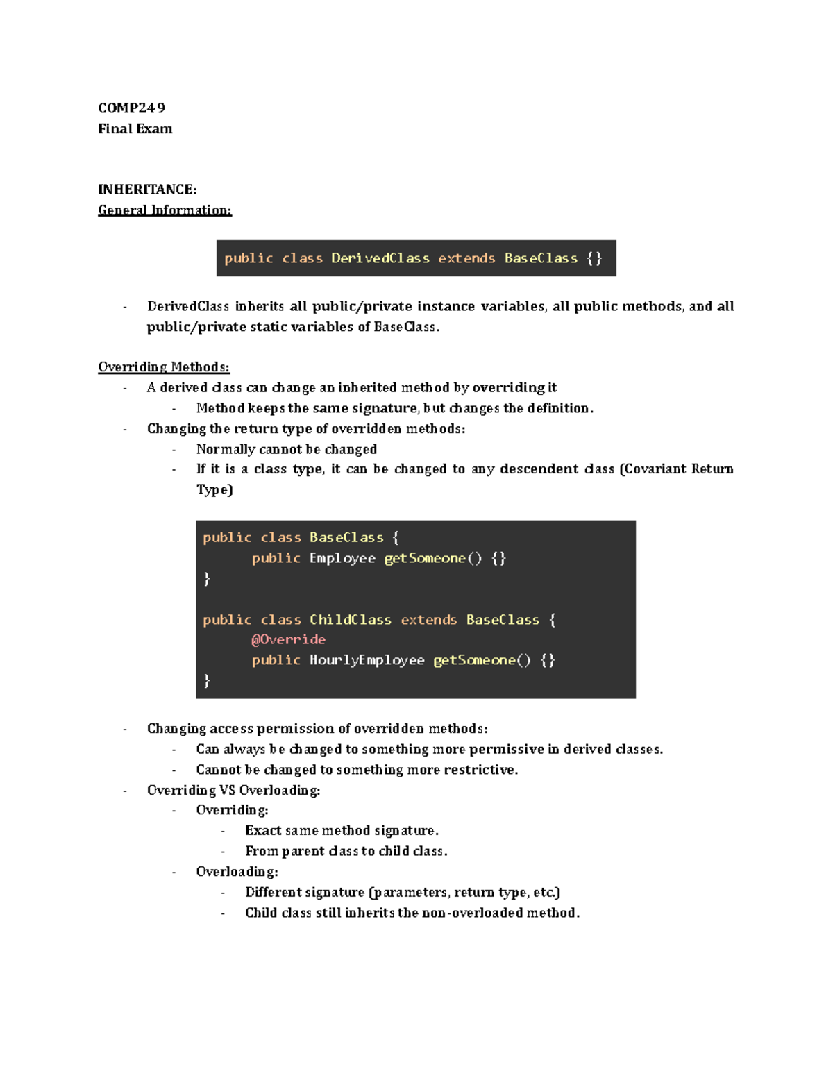 COMP 249 Final Exam Summary: Java Inheritance and Polymorphism Concepts ...