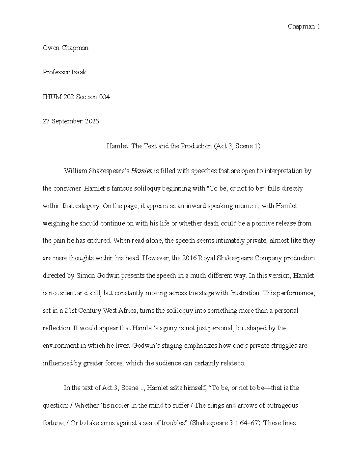 Hamlet Analysis: Act 3, Scene 1 - IHUM 202 Final Exam Insights - Studocu