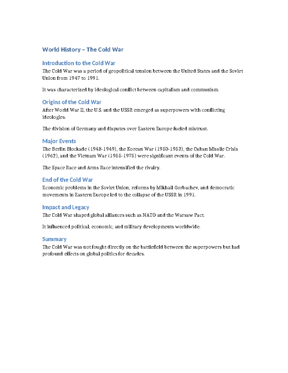 HIST 101: Lecture Notes on the Cold War Overview - Studocu