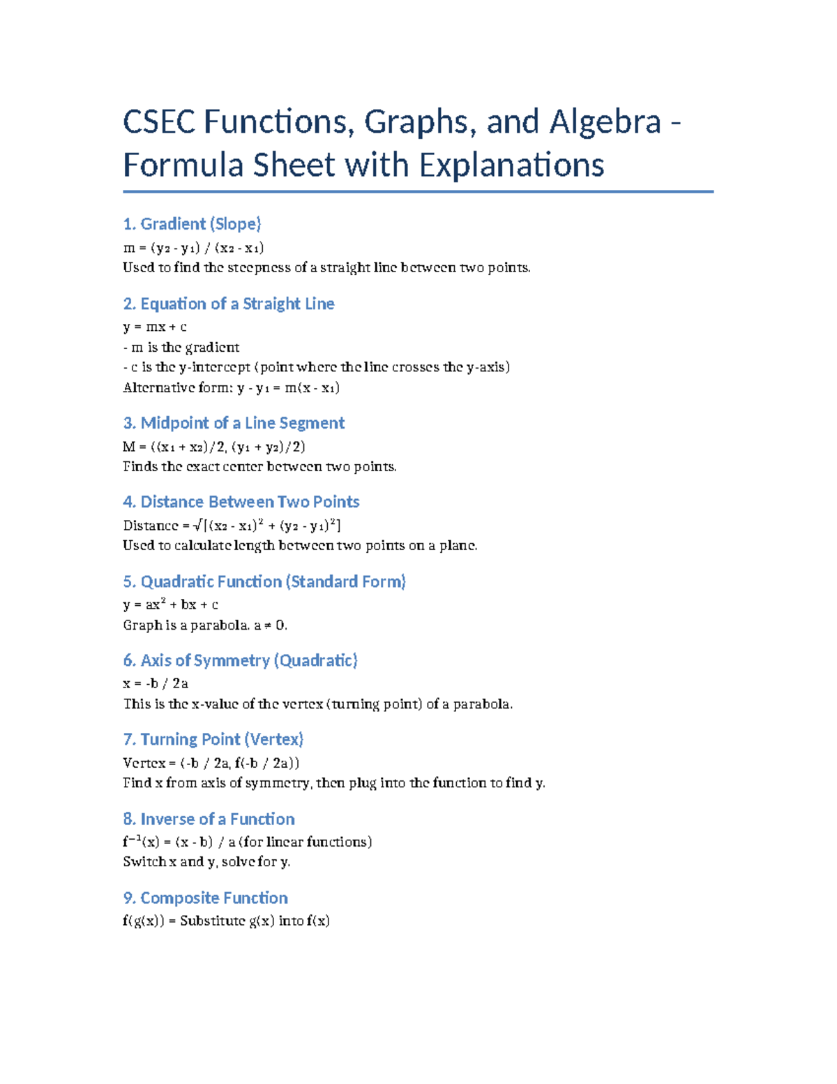 CSEC functions, graphs, and algebra formula sheet with explanations ...