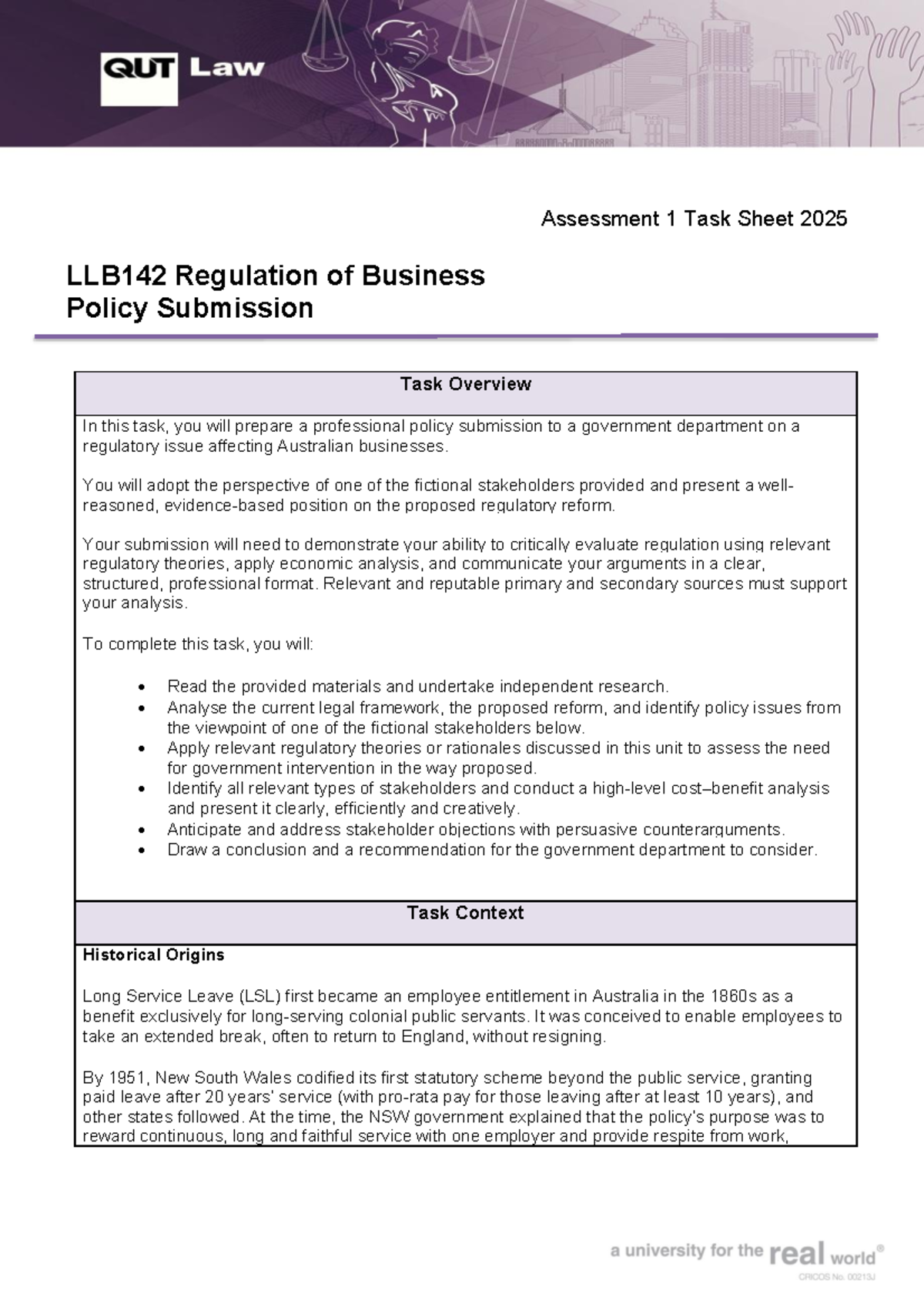 LLB142 2025 Policy Submission Task: Long Service Leave Reform Analysis ...