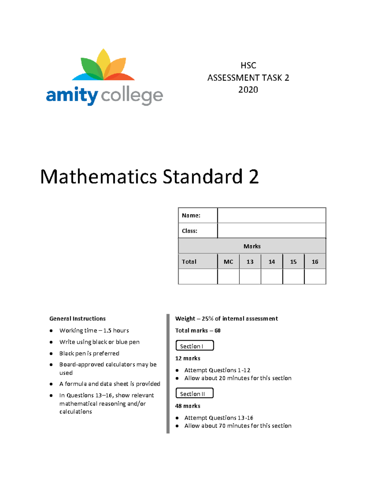 2020 HSC Mathematics Standard 2 Assessment Task 2 - Past Exam - Studocu