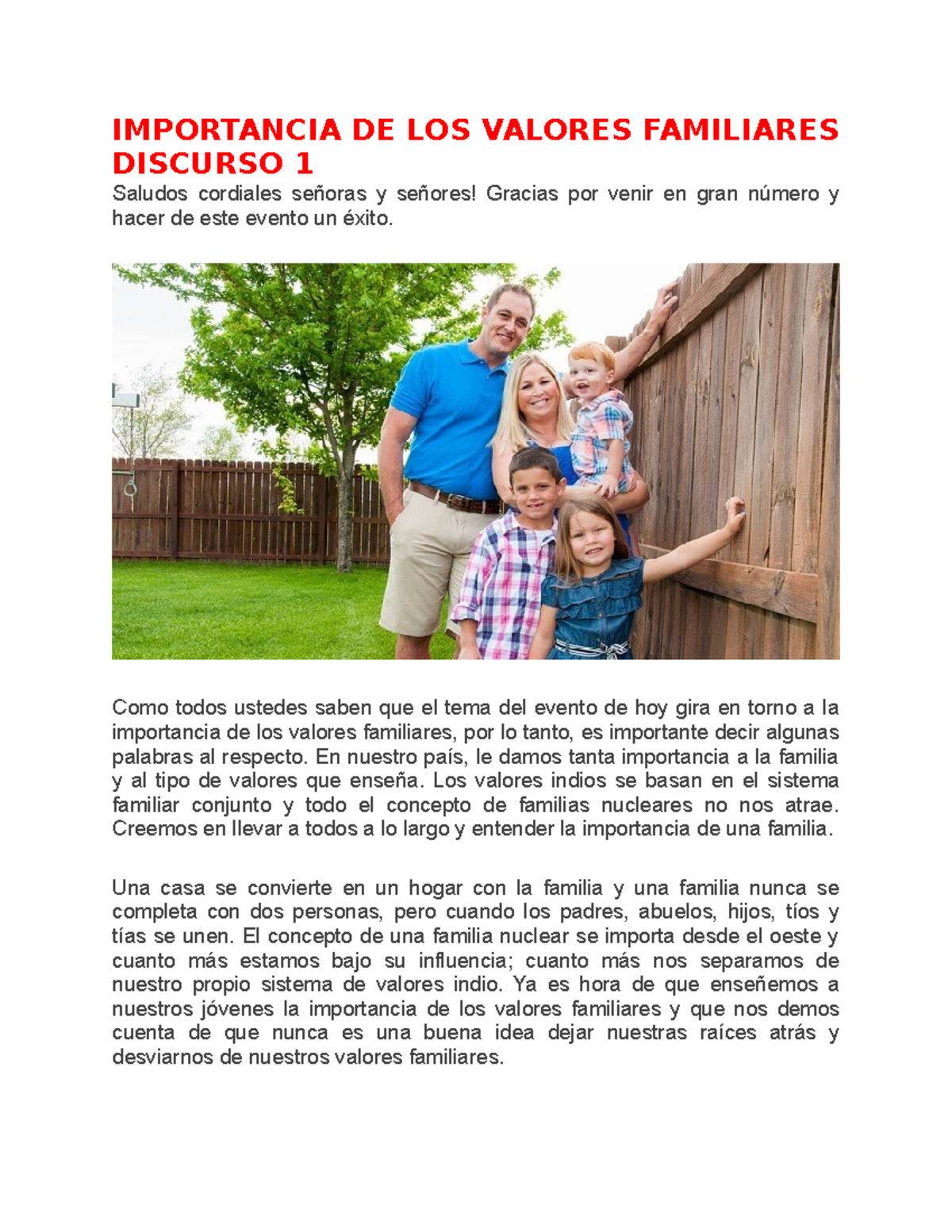 Discursos - discurso sobre los valores de la familia - IMPORTANCIA DE LOS VALORES FAMILIARES ...