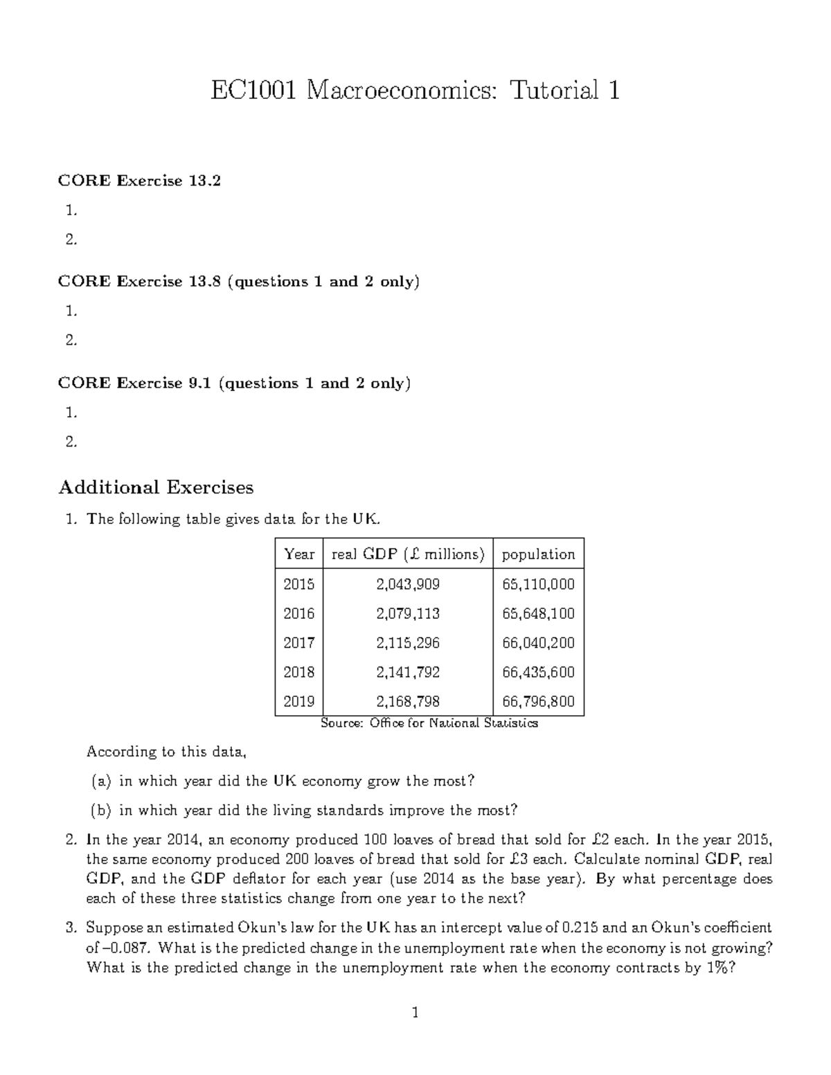 EC1001 tutorial 1 - questions - EC1001 Macroeconomics: Tutorial 1 CORE ...