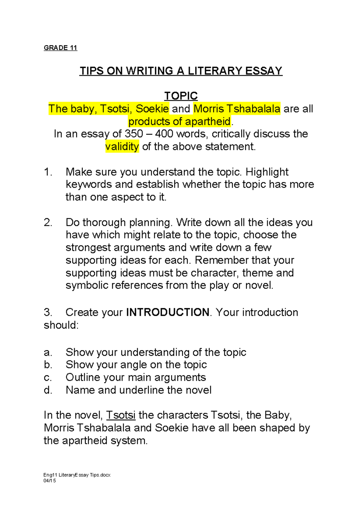 Eng11 Literary Essay Tips: Analyzing Tsotsi and Apartheid's Impact ...