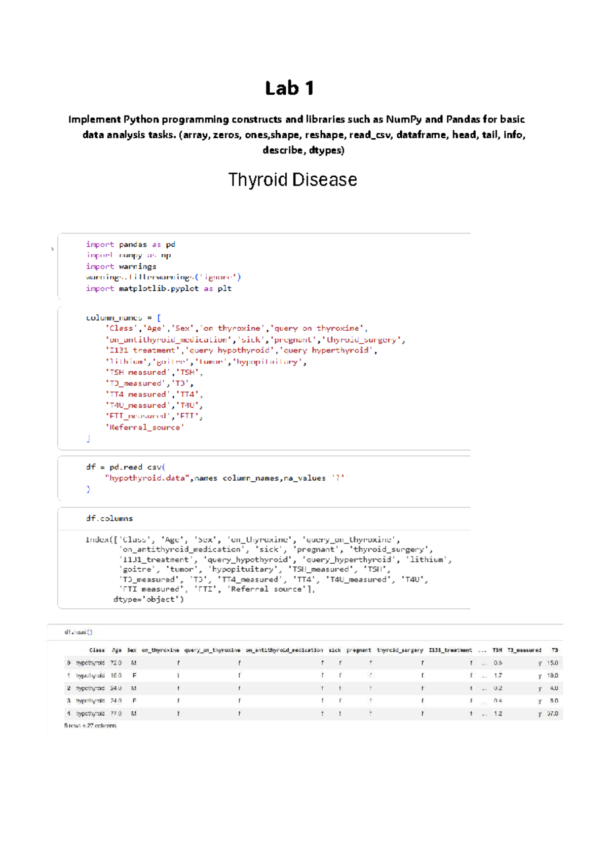 Ml lab 1&2 - Good lab work - Machine Learning - Lab 1 Implement Python programming constructs ...
