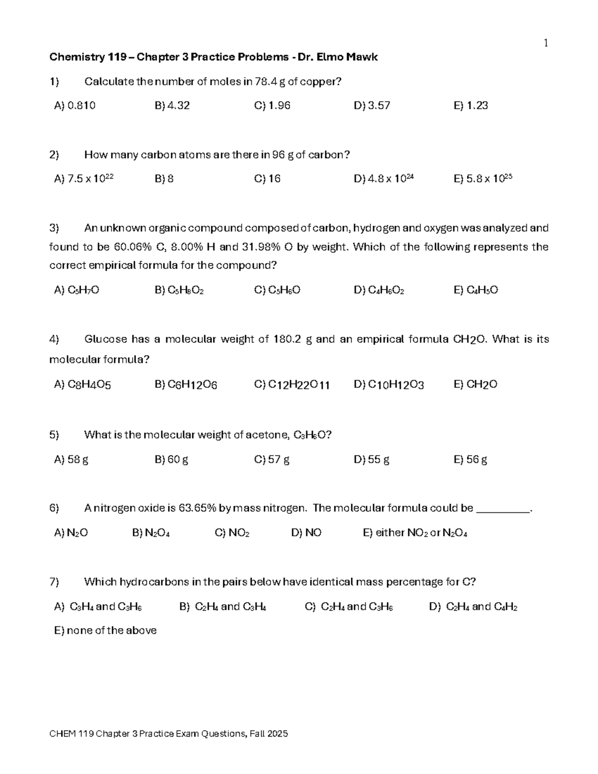 CHEM 119 Chapter 3 Practice Exam Questions - Fall 2025 - Studocu