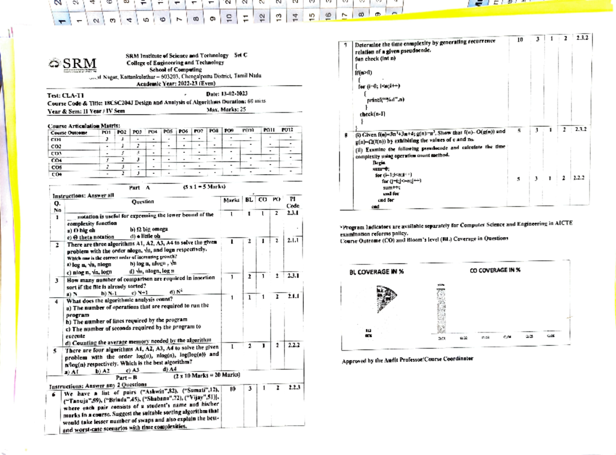DAA CT 2 - Final Exam: Design & Analysis of Algorithms (18CSC204J) - Studocu