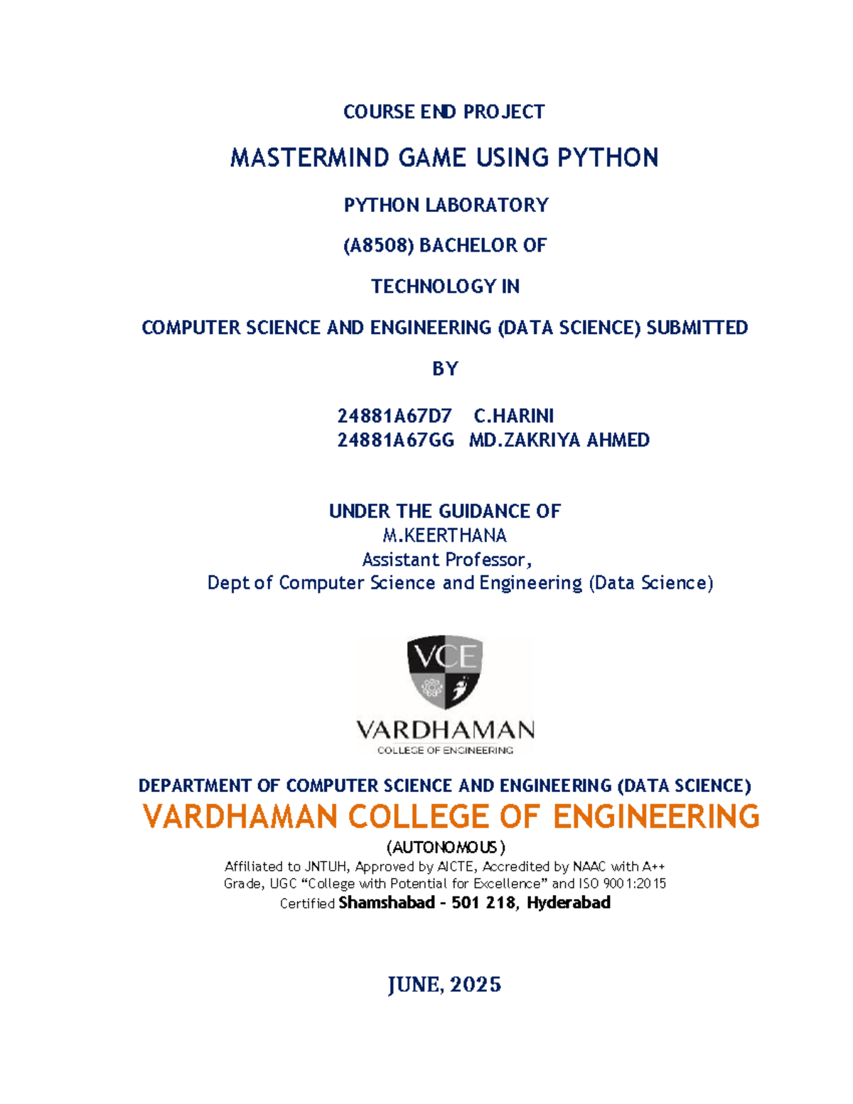 Mastermind Game Project Report (A8508) - Python Lab CSE - Studocu